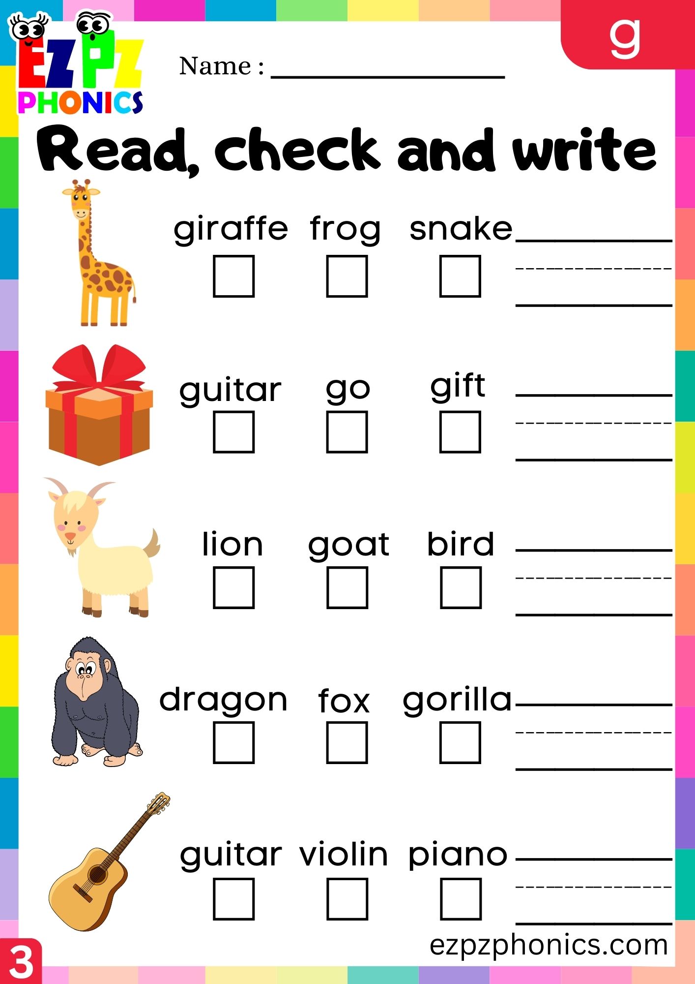 Letter g Read Check and Write the Words Phonics Activity Group 3 - ezpzphonics.com